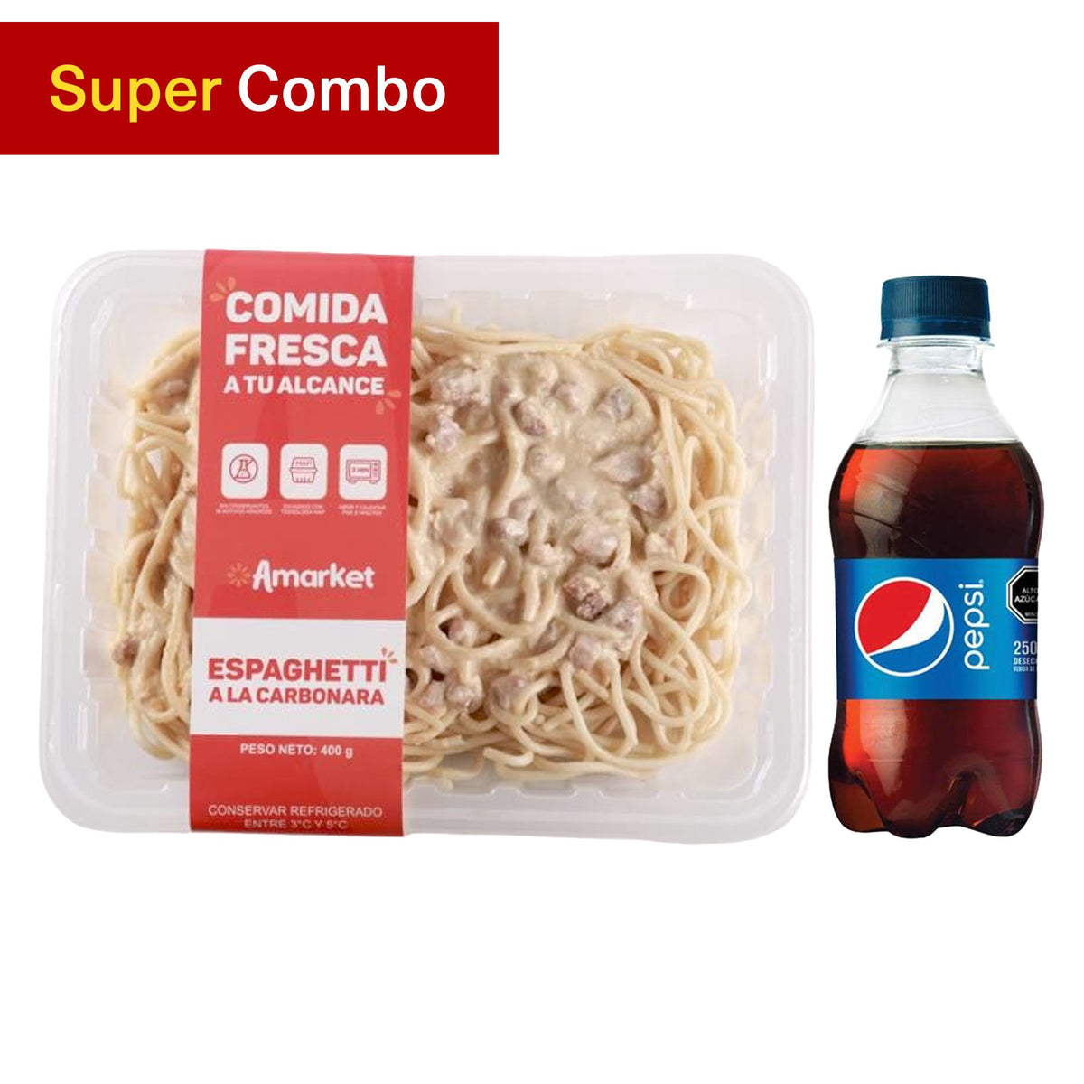 Combo comida fresca amarket espaguetti a la carbonara X 400 g + Pepsi ...